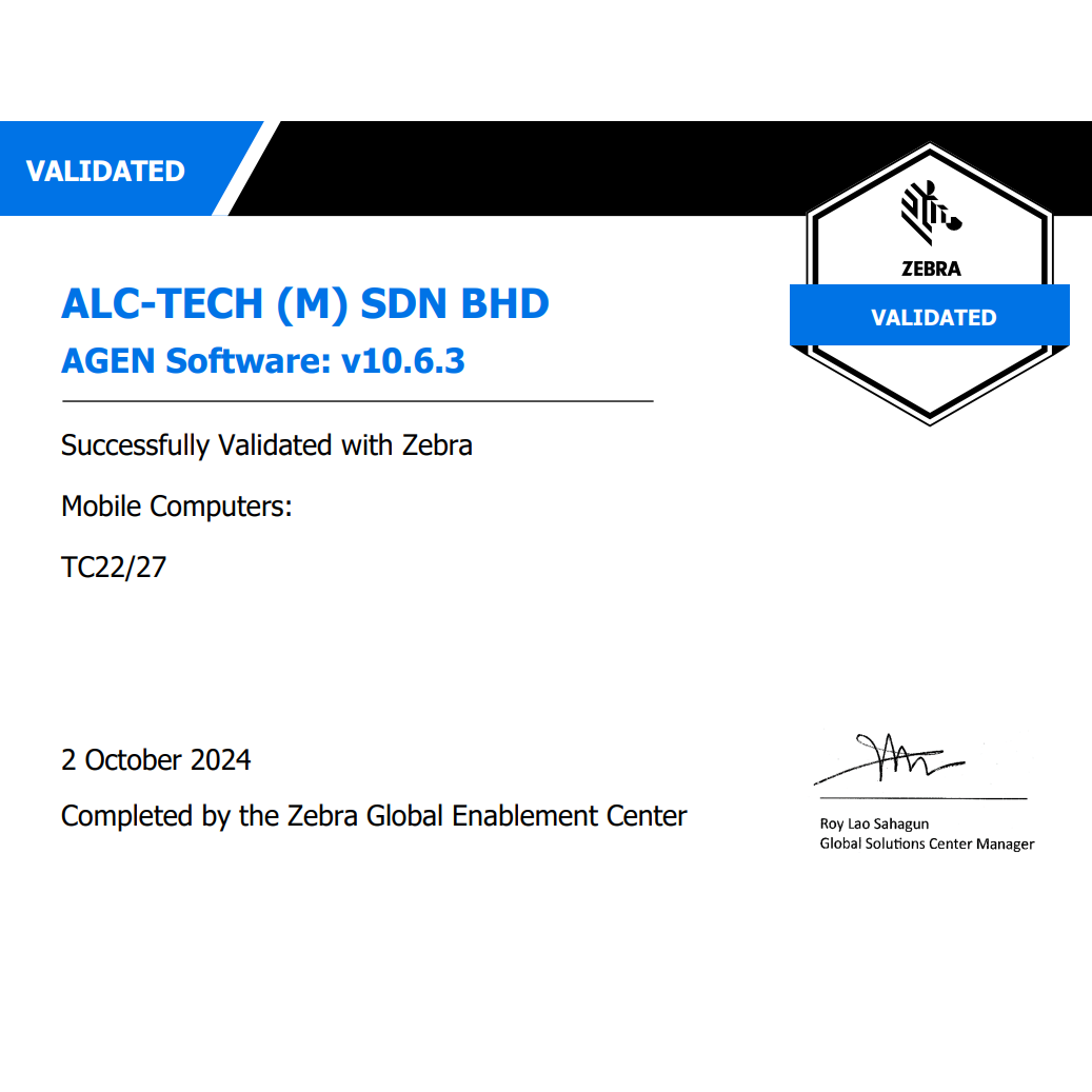 ALC-TECH (M) SDN BHD Achieves Zebra Validation for AGen Software